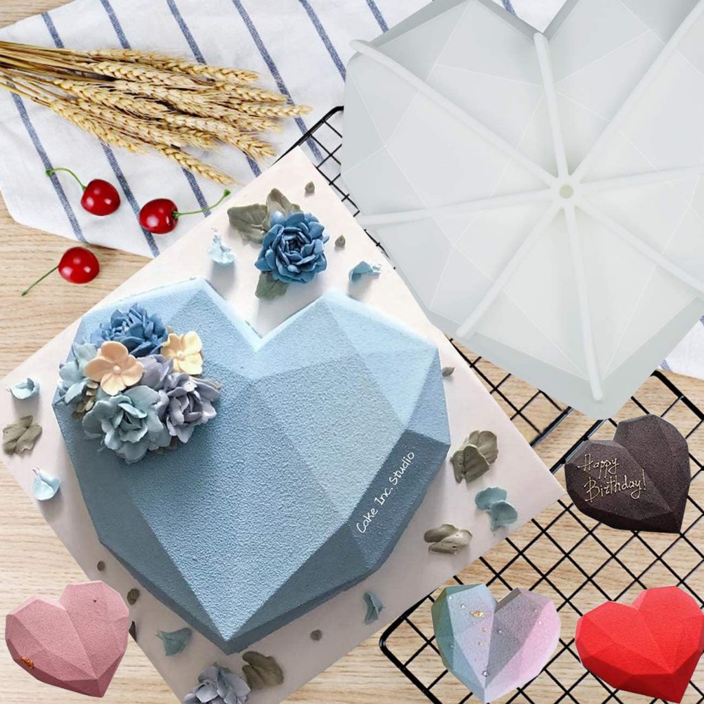 Diamond Heart Silicone Cake Mold, 7.4 Inch Mousse Cake Pop Molds with 6 ...